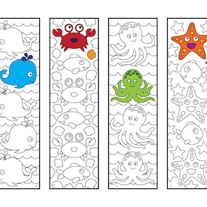 Cute Sea Animal Bookmarks - PDF Coloring Page - Whale, Crab, Octopus ...