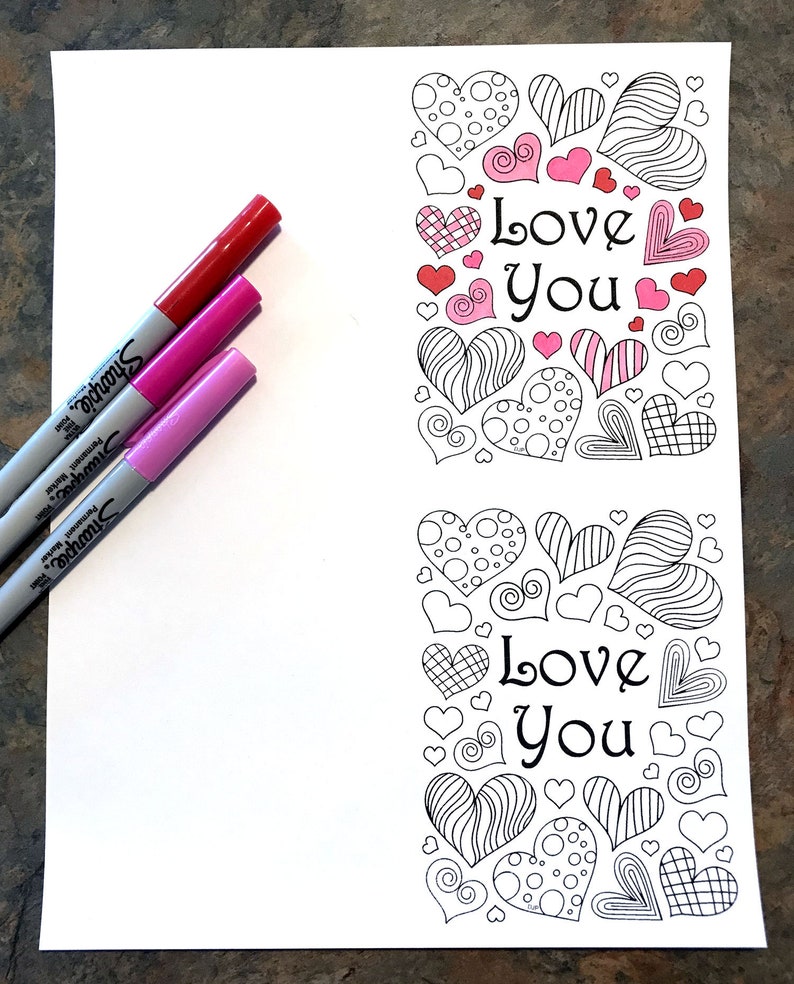 Love You Card With Hearts Printable Pdf Coloring Page Etsy