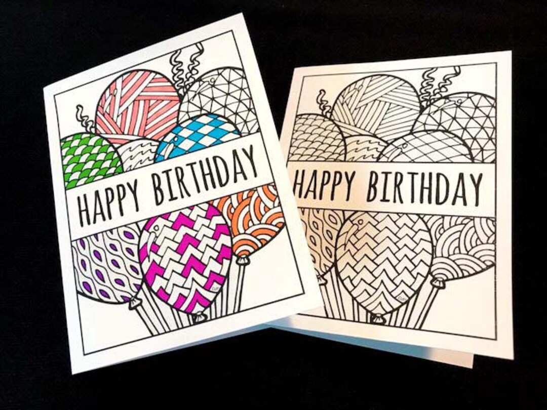 Happy Birthday Card With Balloons - Printable PDF Coloring Page - Etsy