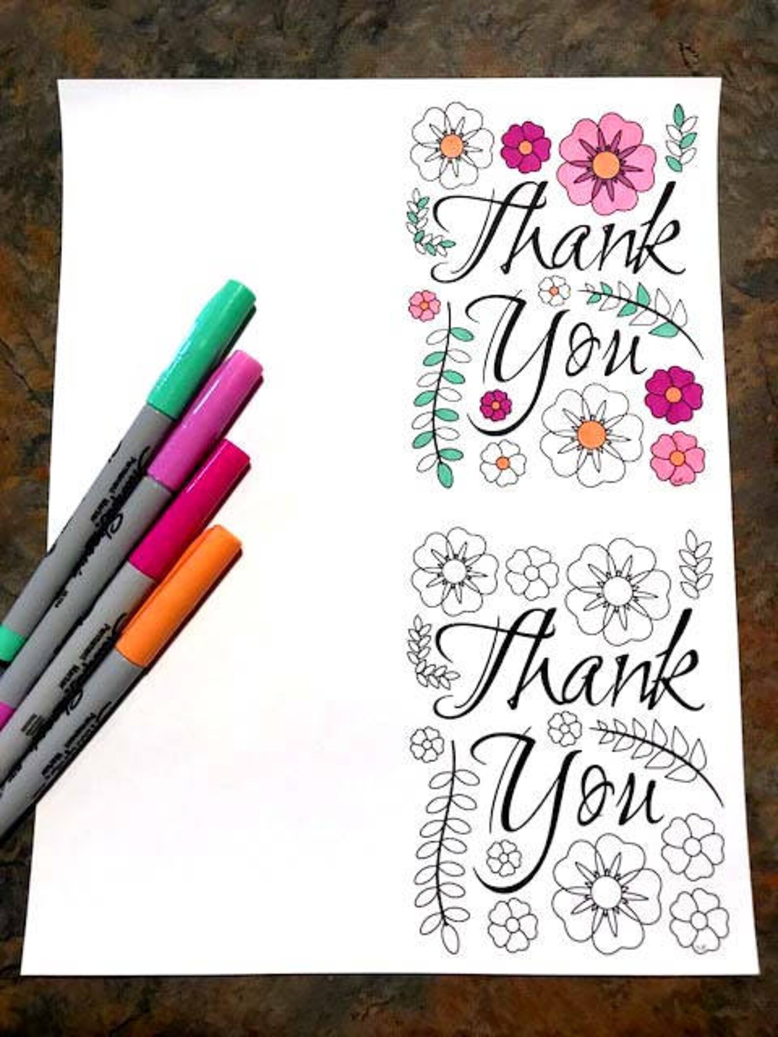 Thank You Card With Flowers - Printable PDF Coloring Page - Etsy