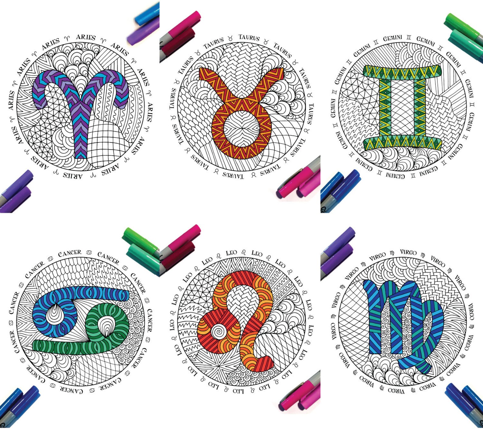 Zodiac Symbol Collection Set of 12 PDF Coloring Pages - Etsy