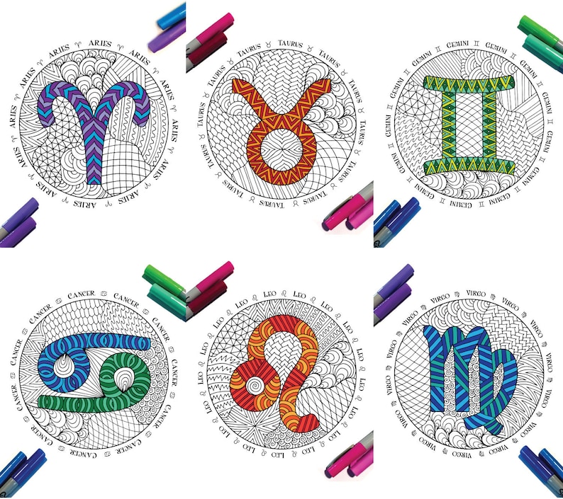 Zodiac Symbol Collection Set of 12 PDF Zentangle Coloring | Etsy