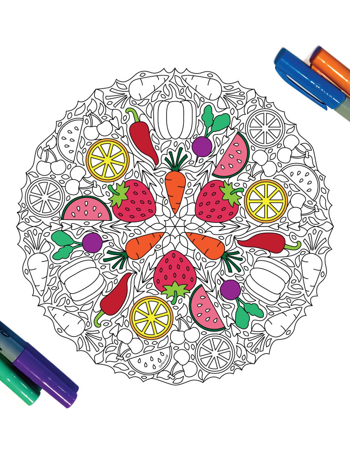 Fruits and Vegetables Mandala PDF Coloring Page | Etsy