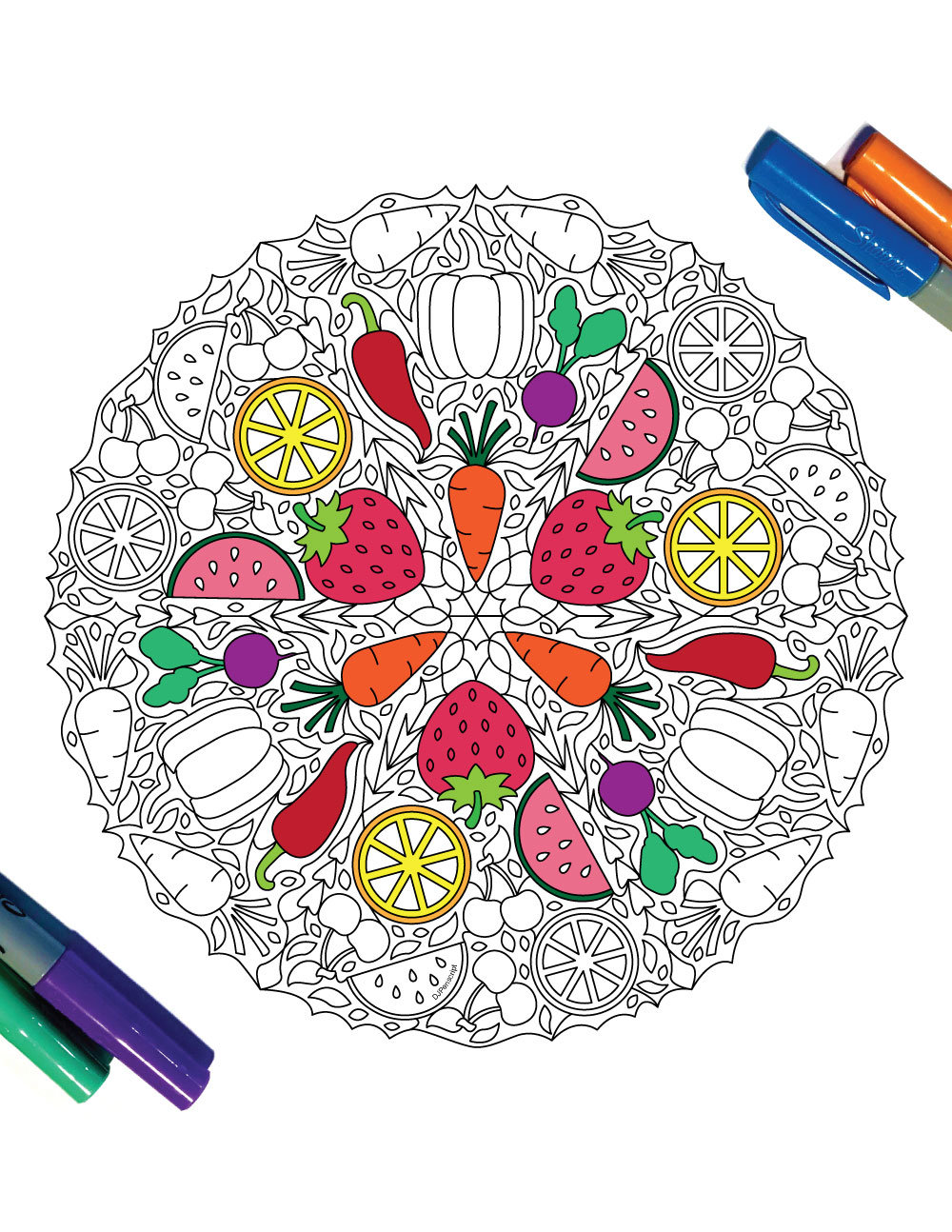 Fruits and Vegetables Mandala PDF Zentangle Coloring Page | Etsy