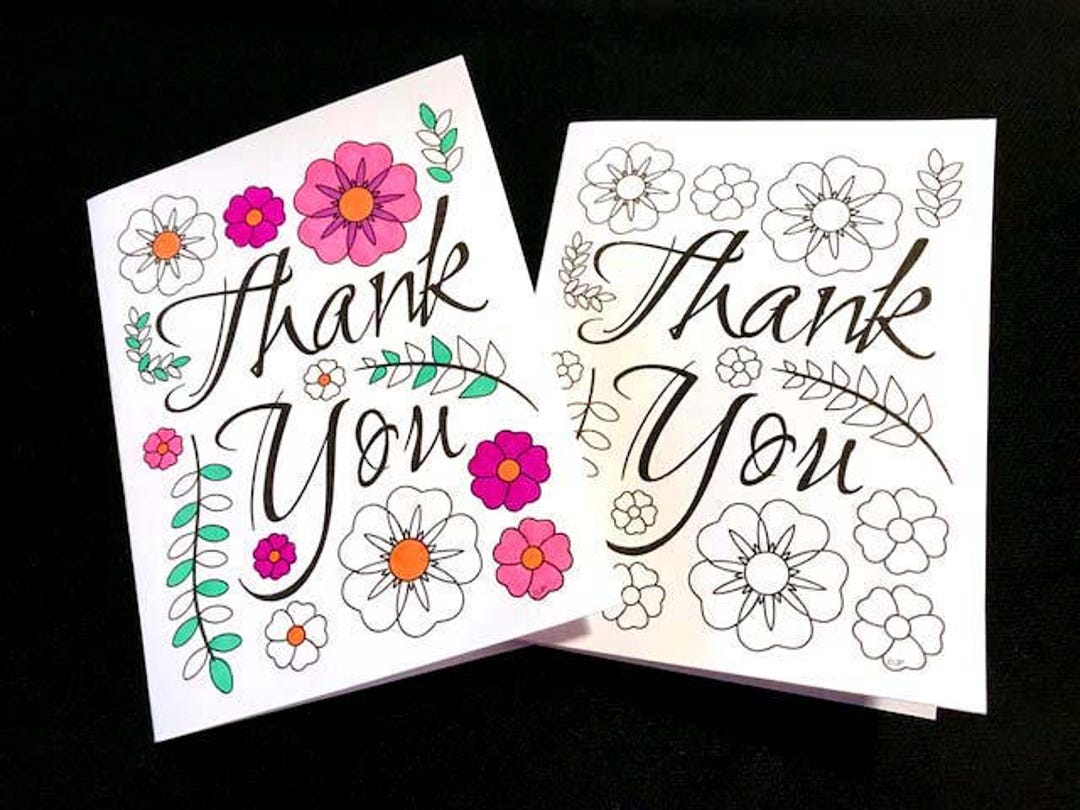Thank You Card With Flowers - Printable PDF Coloring Page - Etsy
