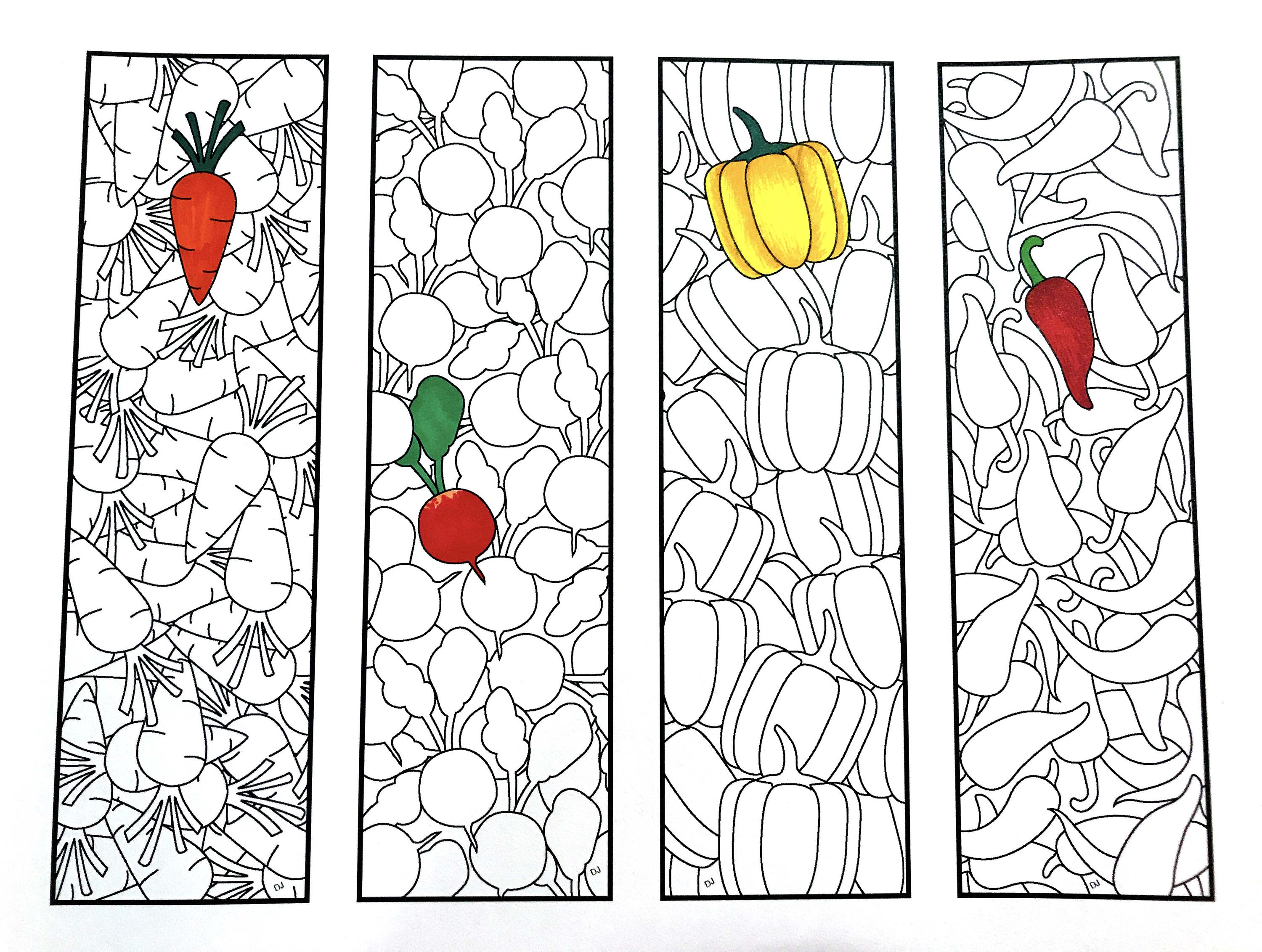 Vegetable Bookmarks - PDF Coloring Page - Carrot, Radish, Bell Pepper ...