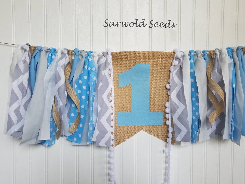 Light Grey and Baby Blue Fabric Banner, High Chair Banner, Cake Smash ...