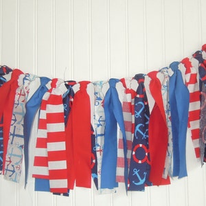 Nautical, Anchor, Stripes, Sailboat, Blue, Red, Fabric Banner ...
