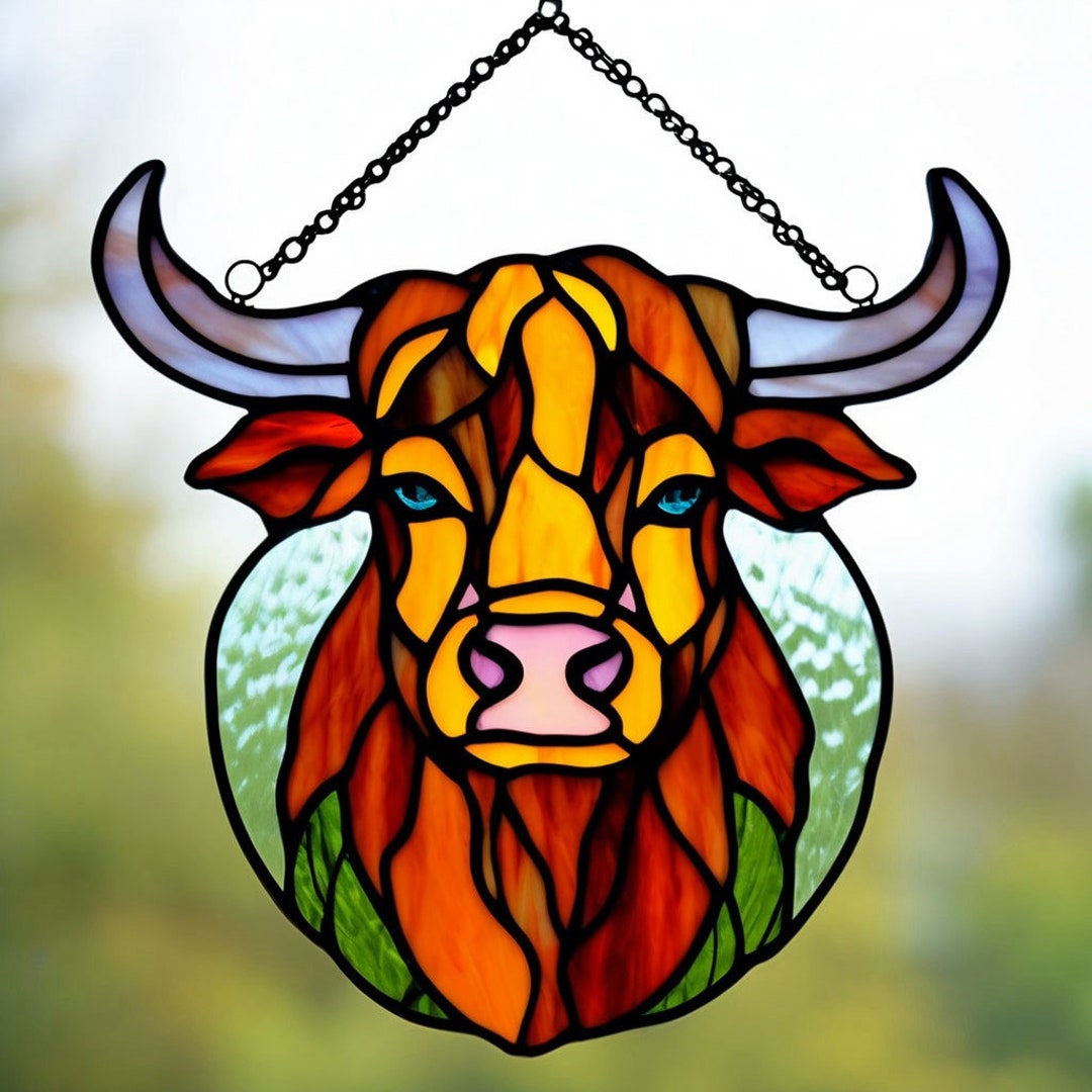 Stained Glass Scotland Highland Cow Face Farm Yax Suncatcher Scotish ...