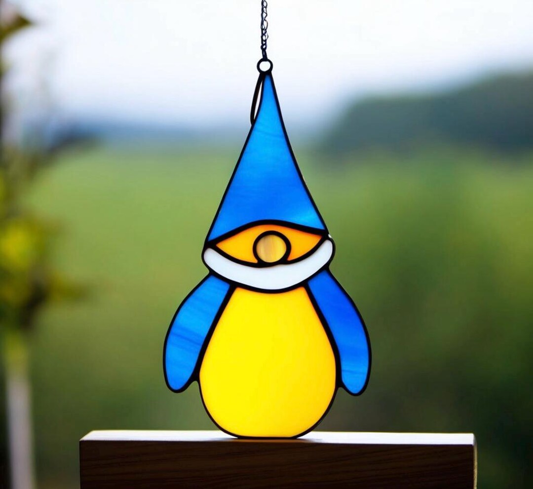 Tiffany Style Blue Yellow Stained Glass Gnome Suncatcher Gnomer Abstract Glass Gnome Suncatcher ...