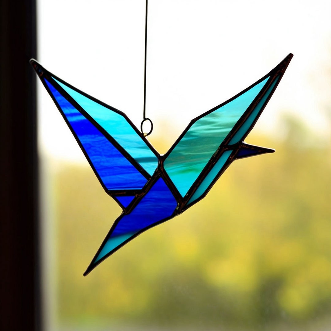 Stained Glass Origami Crane Glass Peace Blue Bird Decor Mobile Crane ...