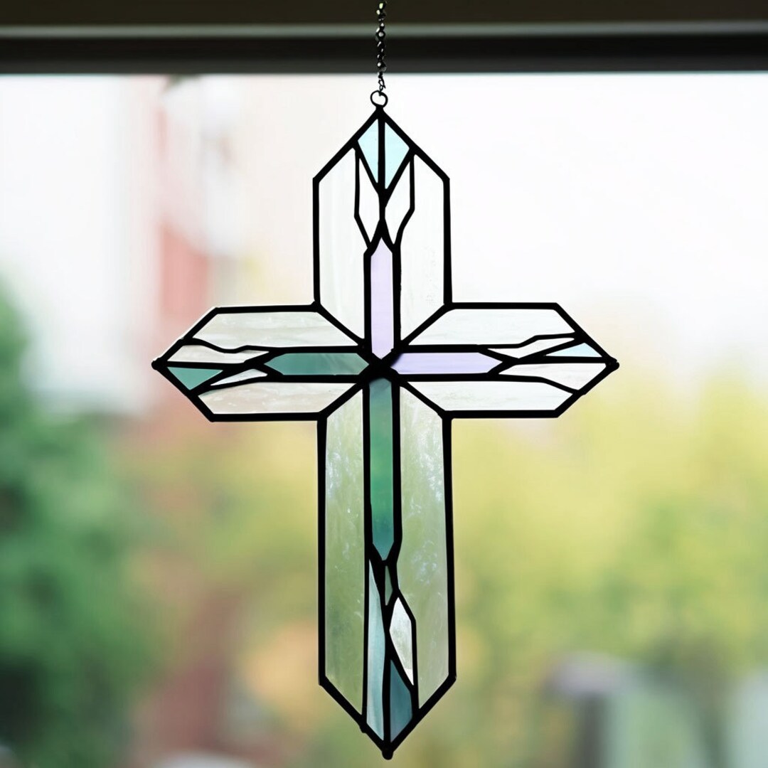 Stained Glass Cross Suncatcher Religious Cros Teal Cross Glass Art ...