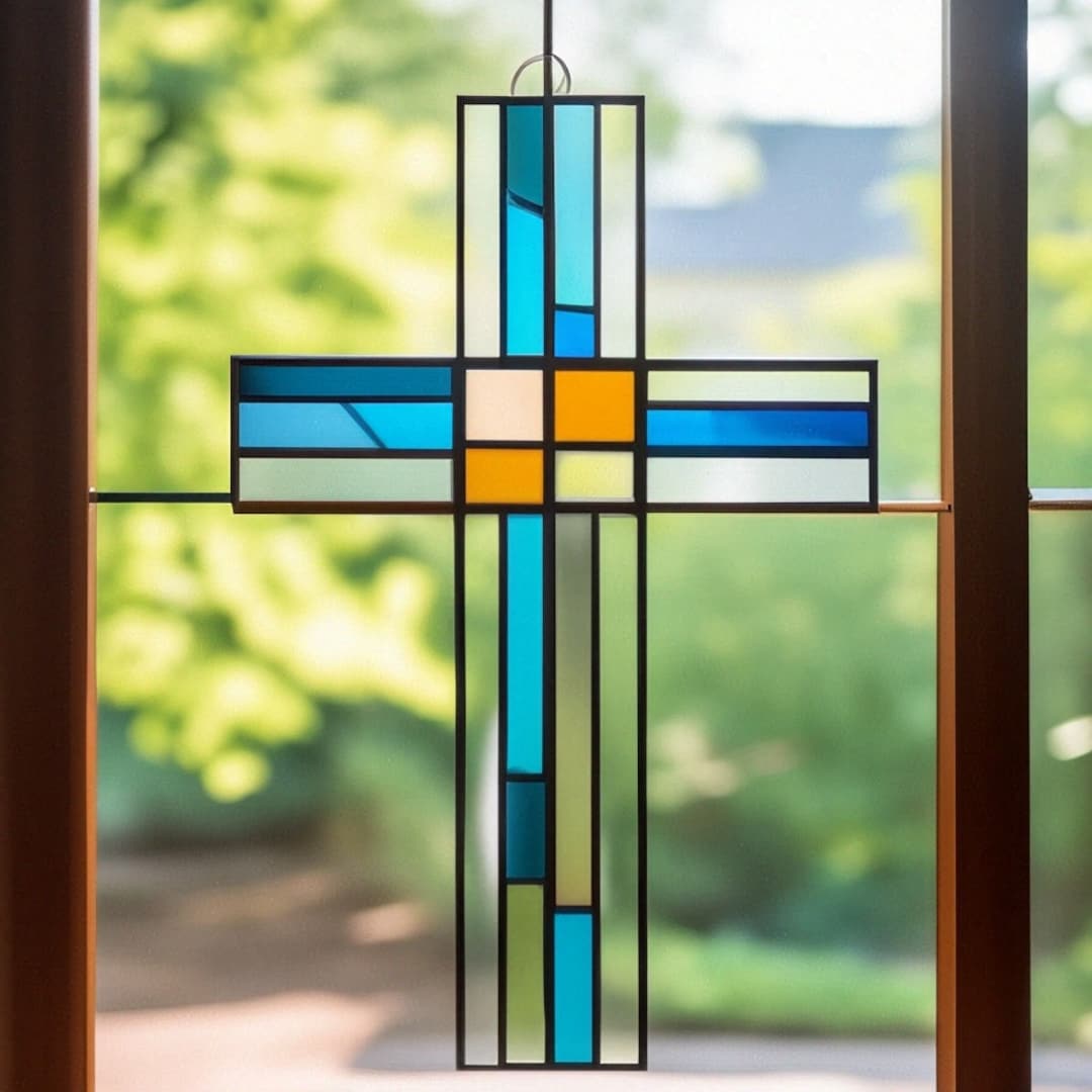 Stained Glass Cross Suncatcher Religious Cros Teal Cross Glass Art ...