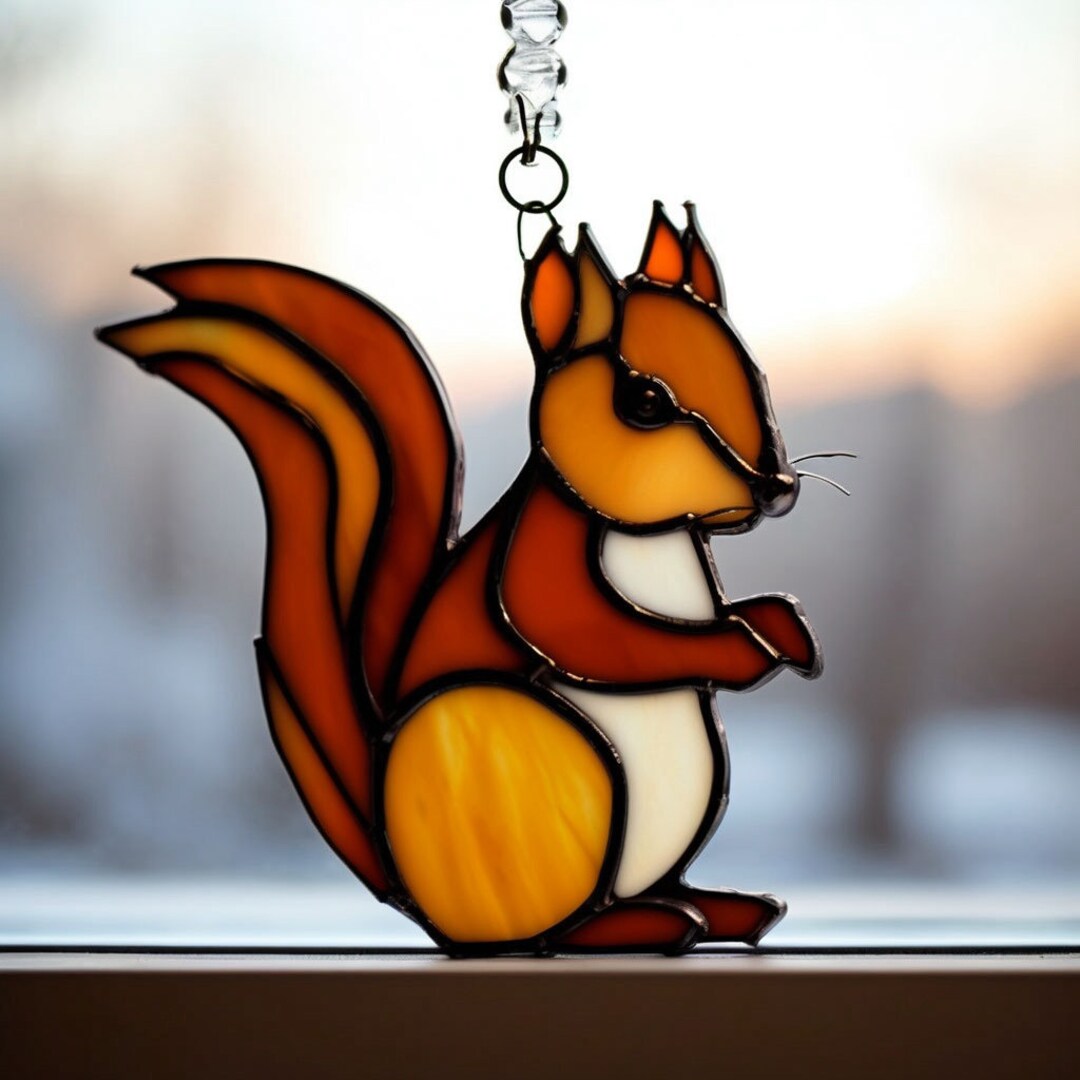 Squirrel Stained Glass Cute Suncatcher Window Wall Hanging Home Decor ...