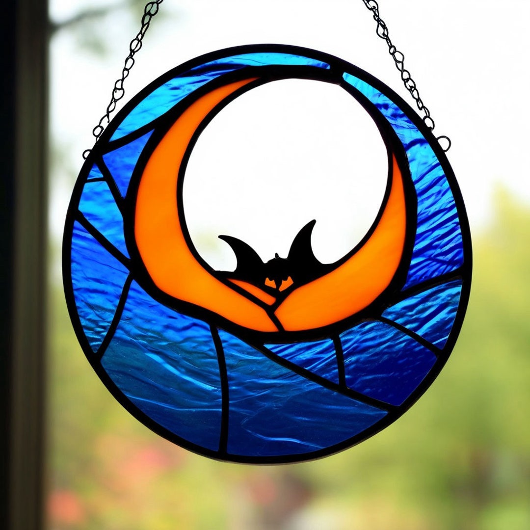 Stained Glass Bat Moon Window Hangings Bat House Custom Suncatcher Bat ...