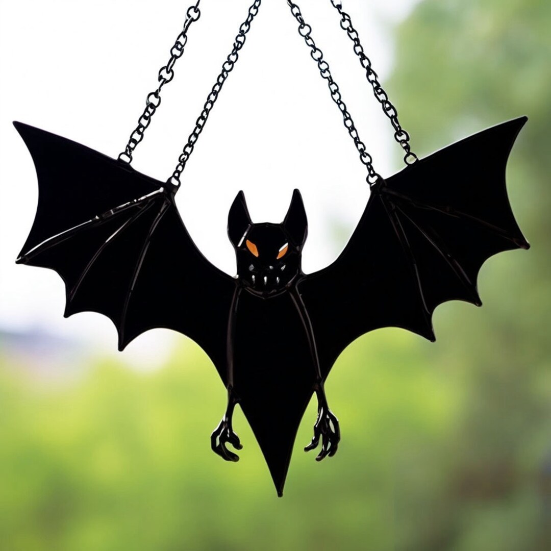 Stained Glass Bat Moon Window Hangings Bat House Custom Suncatcher Bat ...