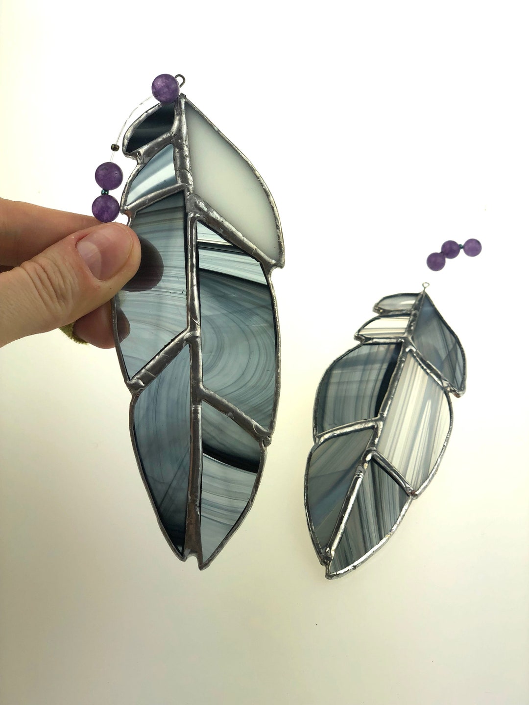 Stained Glass Feather Garden Suncatcher Grey Feather Outside Decor Boho ...