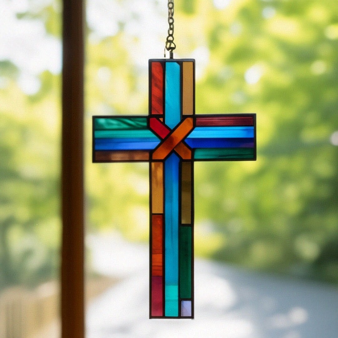 Stained Glass Cross Suncatcher Religious Cros Teal Cross Glass Art ...