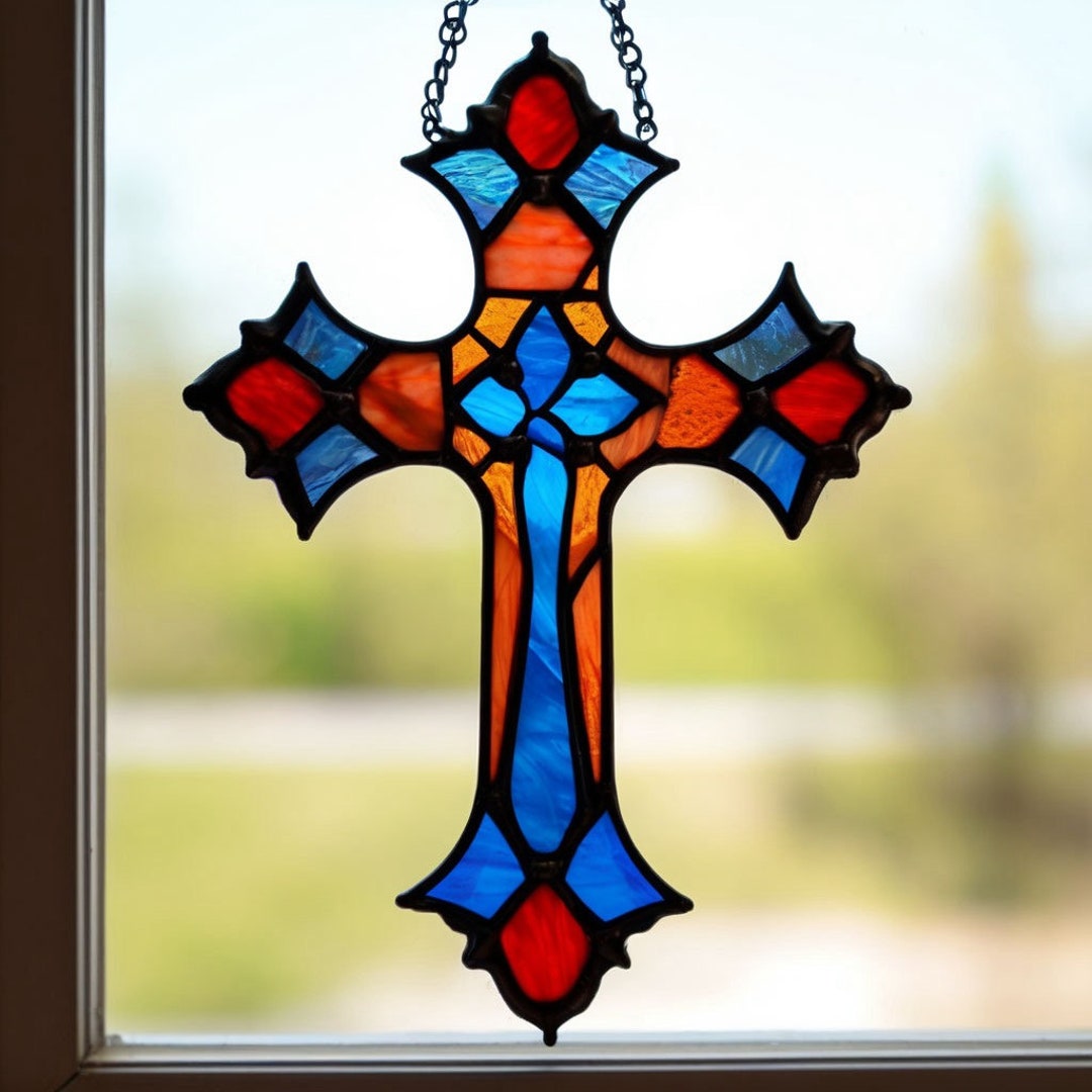 Stained Glass Cross Suncatcher Religious Cros Teal Cross Glass Art ...