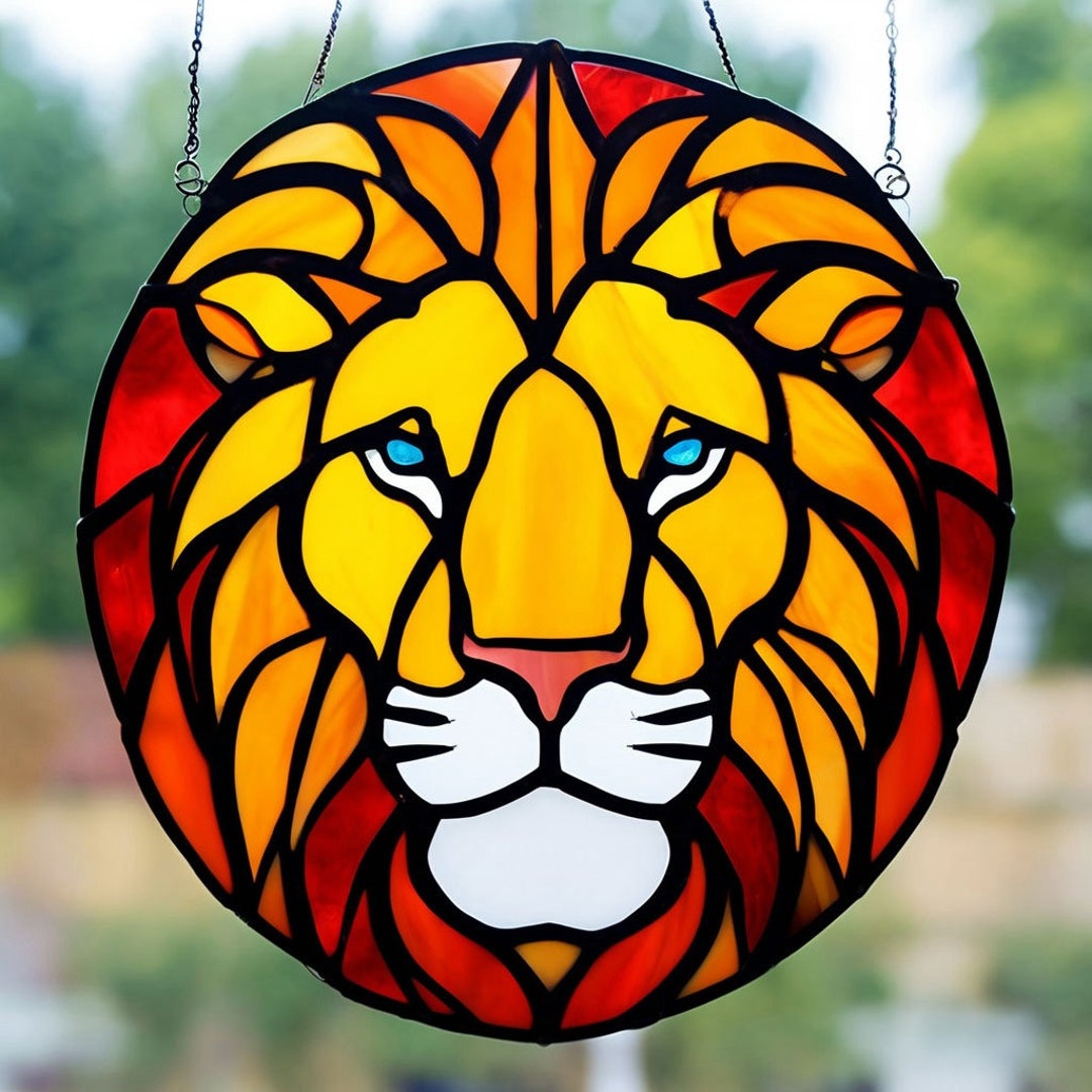 LION HEAD Stain Glass Zoo Window Hanging King Jungle Suncatcher Simba ...