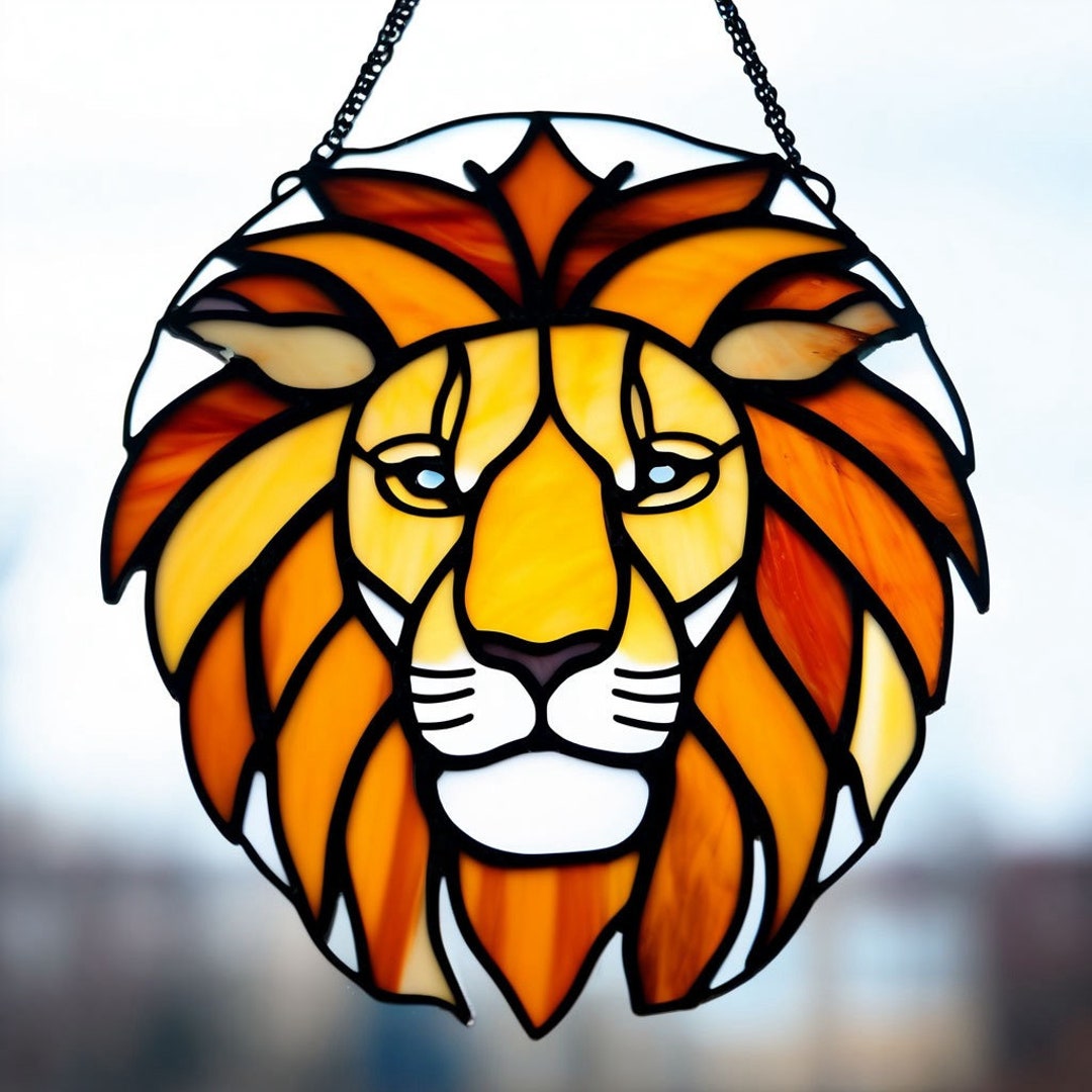 LION HEAD Stain Glass Zoo Window Hanging King Jungle Suncatcher Simba ...