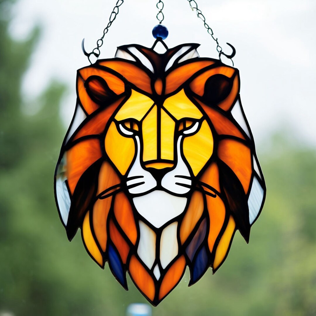 LION HEAD Stain Glass Zoo Window Hanging King Jungle Suncatcher Simba ...