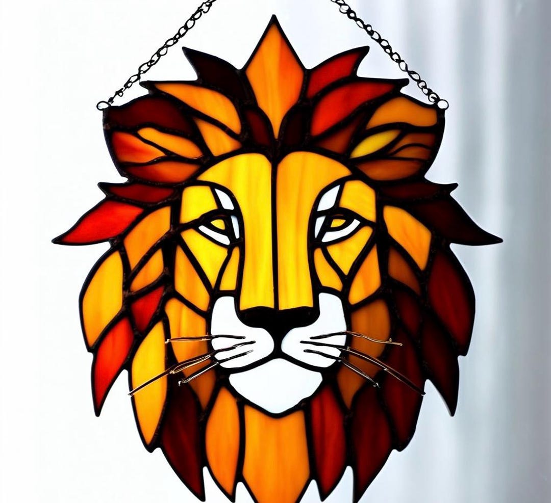 LION HEAD Stain Glass Zoo Window Hanging King Jungle Suncatcher Simba ...