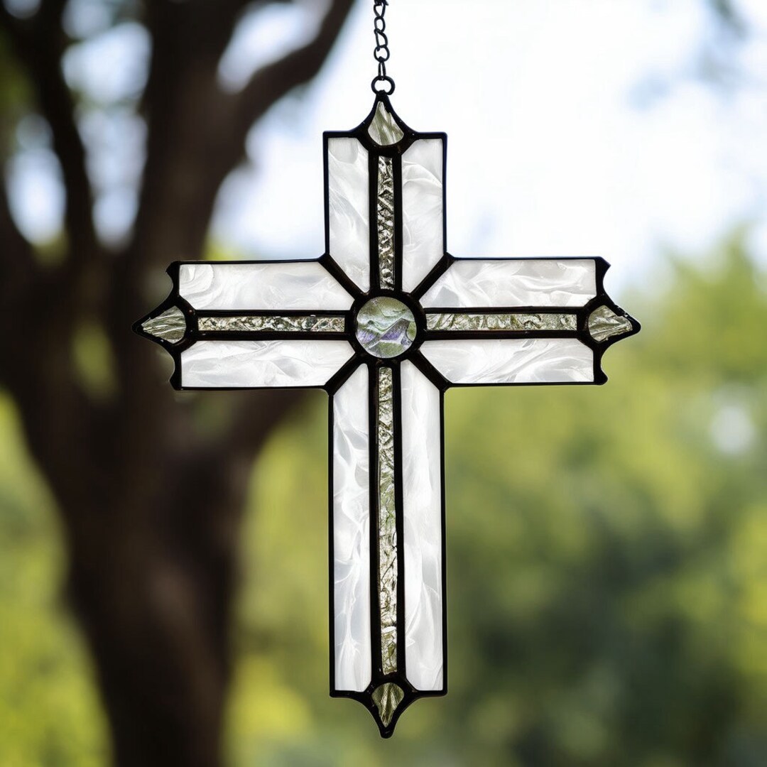 Stained Glass Cross Suncatcher Religious Cros Teal Cross Glass Art ...