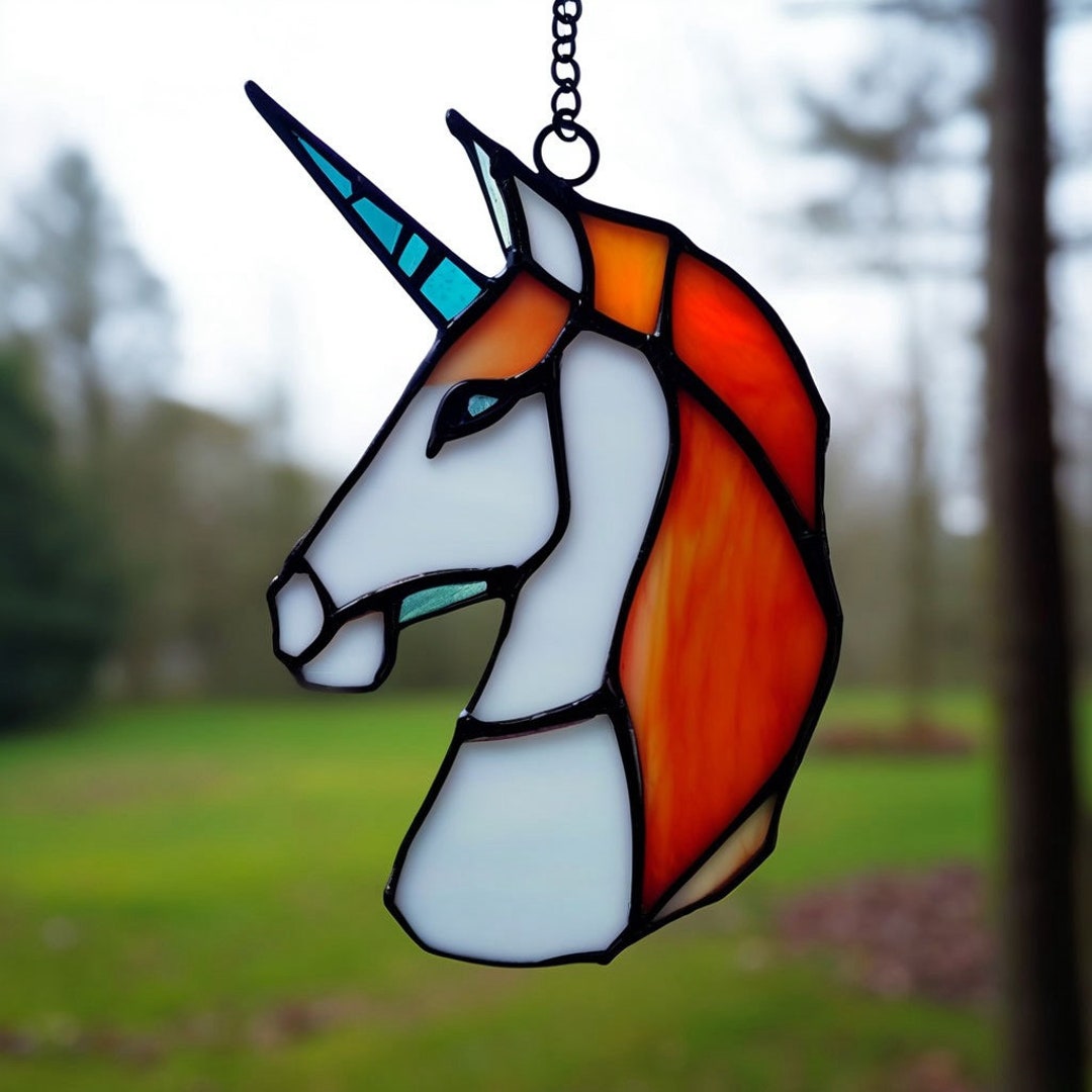 Stained Glass Unicorn Cute Shinny Pink Magical Horse Leadlight Cartoon ...