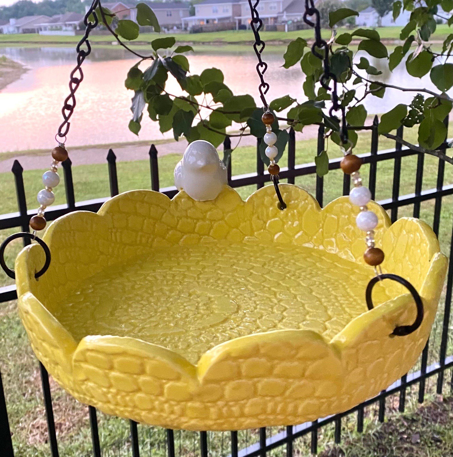 Hand Built Hanging Pottery Bird Bath. Textured With Bird - Etsy