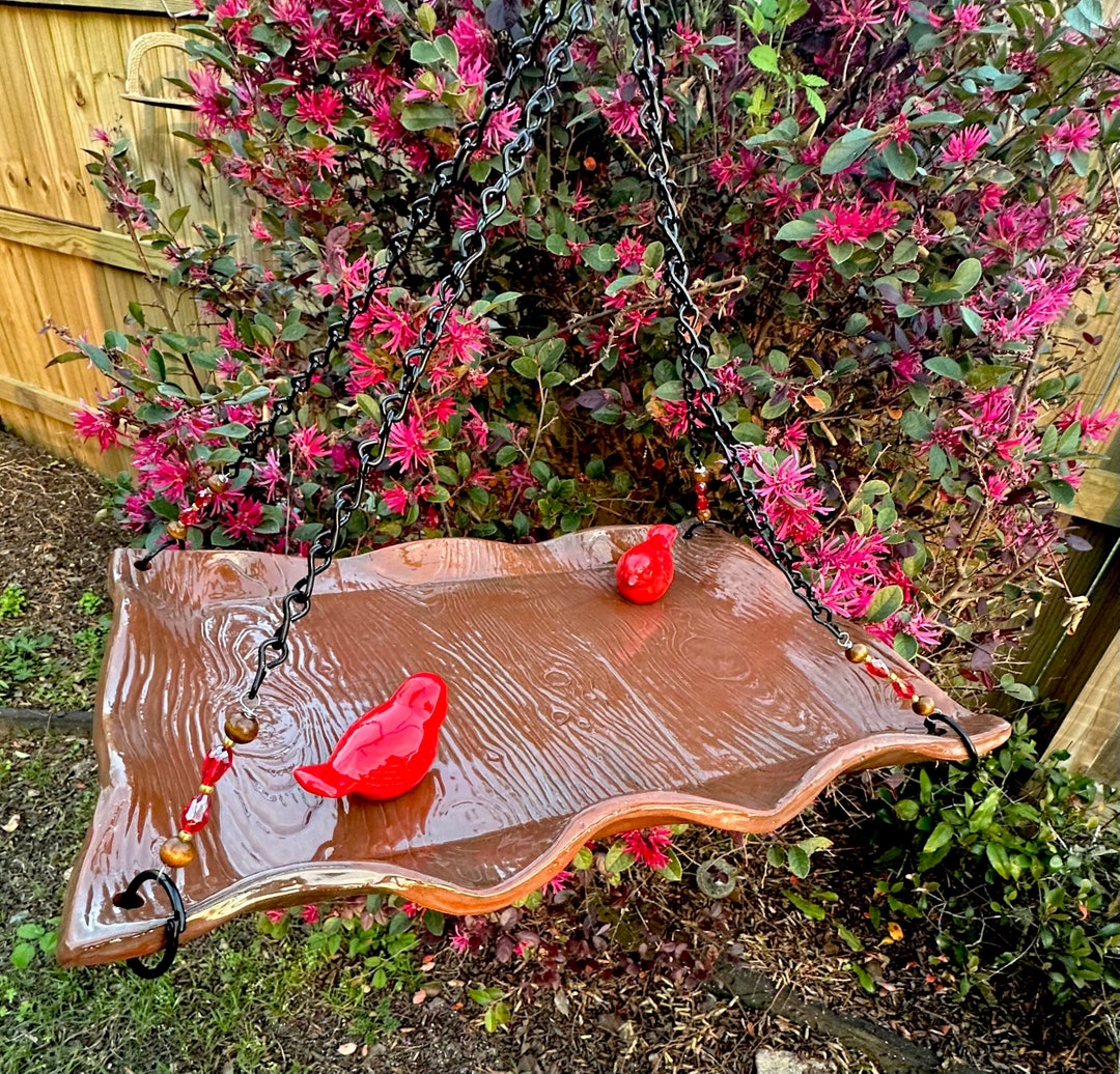Pottery Bird Feeder Cardinals on Faux Woodgrain Handmade Hanging ...