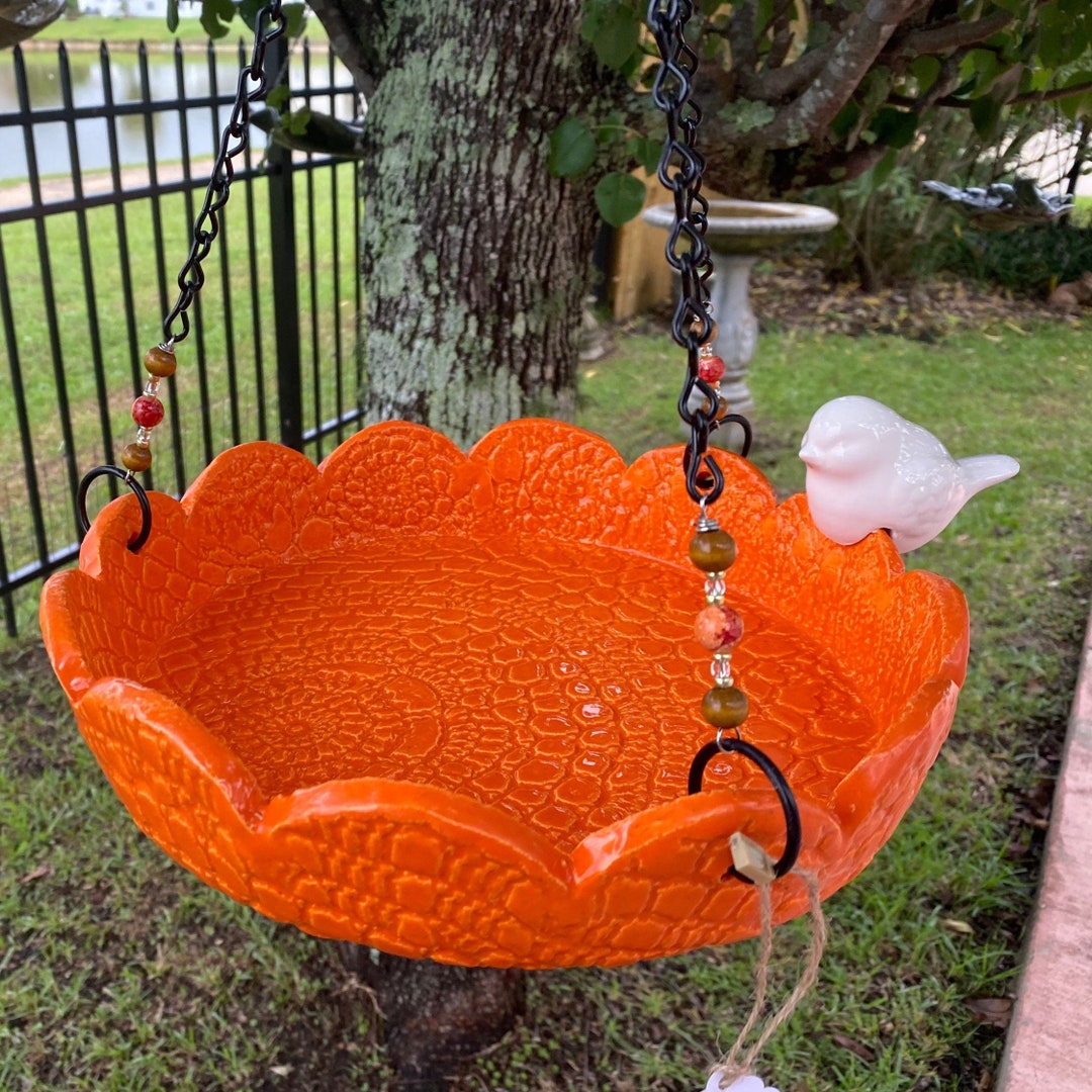 Hand Built Hanging Pottery Bird Bath. Textured With Bird Attached. Your ...
