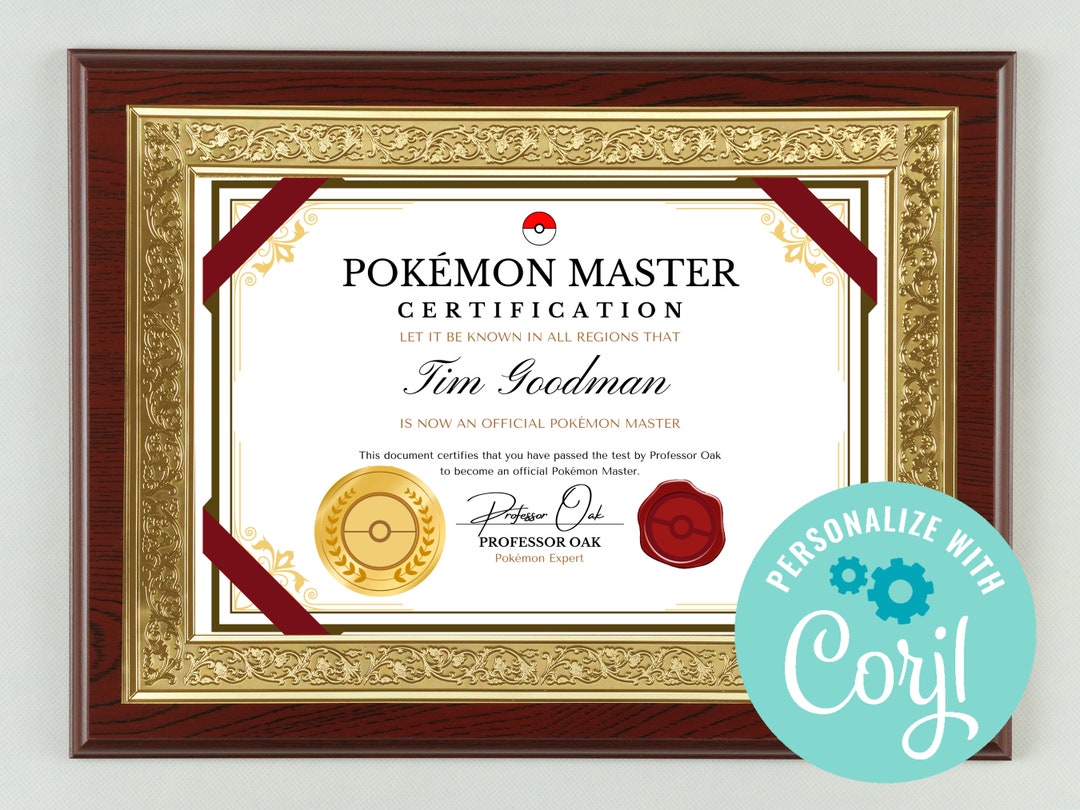 Pokemone Trainer Certificate Signed by Professor Oak Instant Download ...