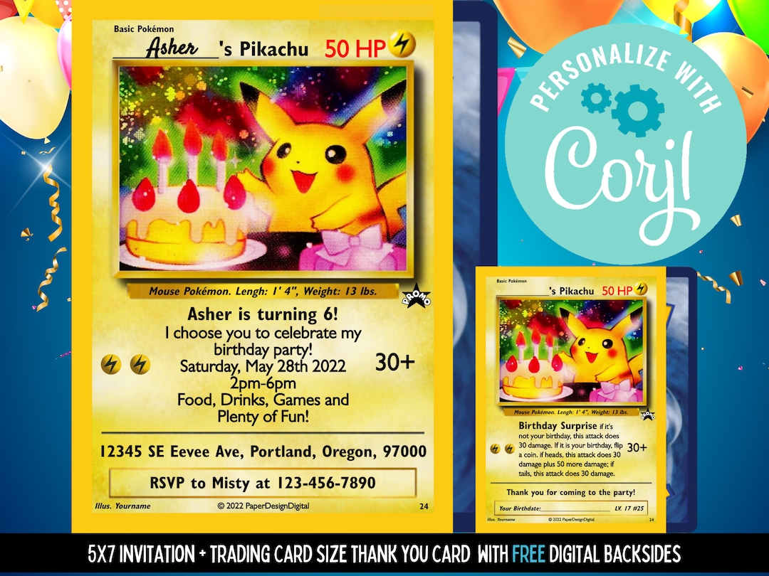Custom Birthday Pikachu Card Birthday Invitation Printable Editable ...