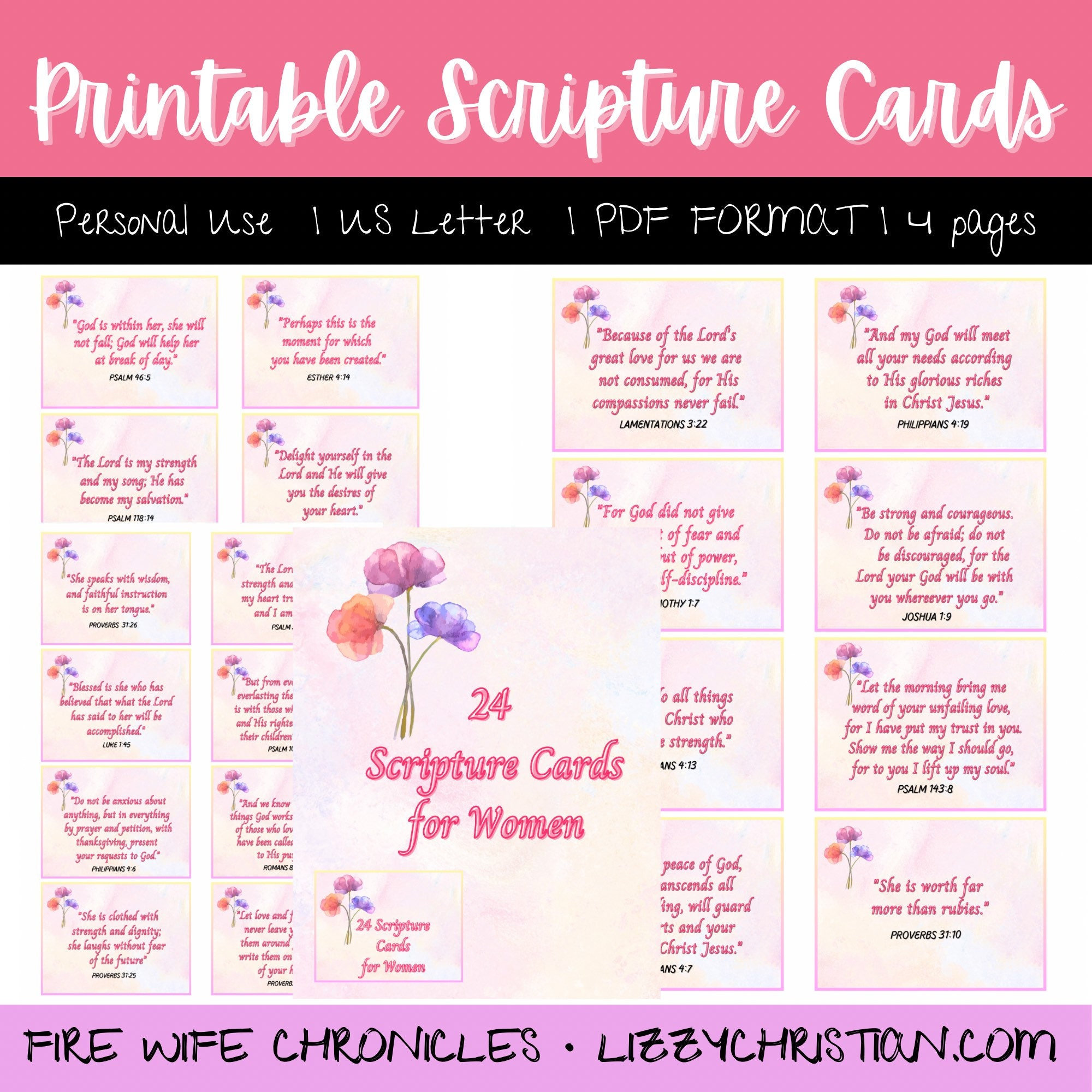 Tarjetas imprimibles con versículos bíblicos Rosa con flores - Etsy México