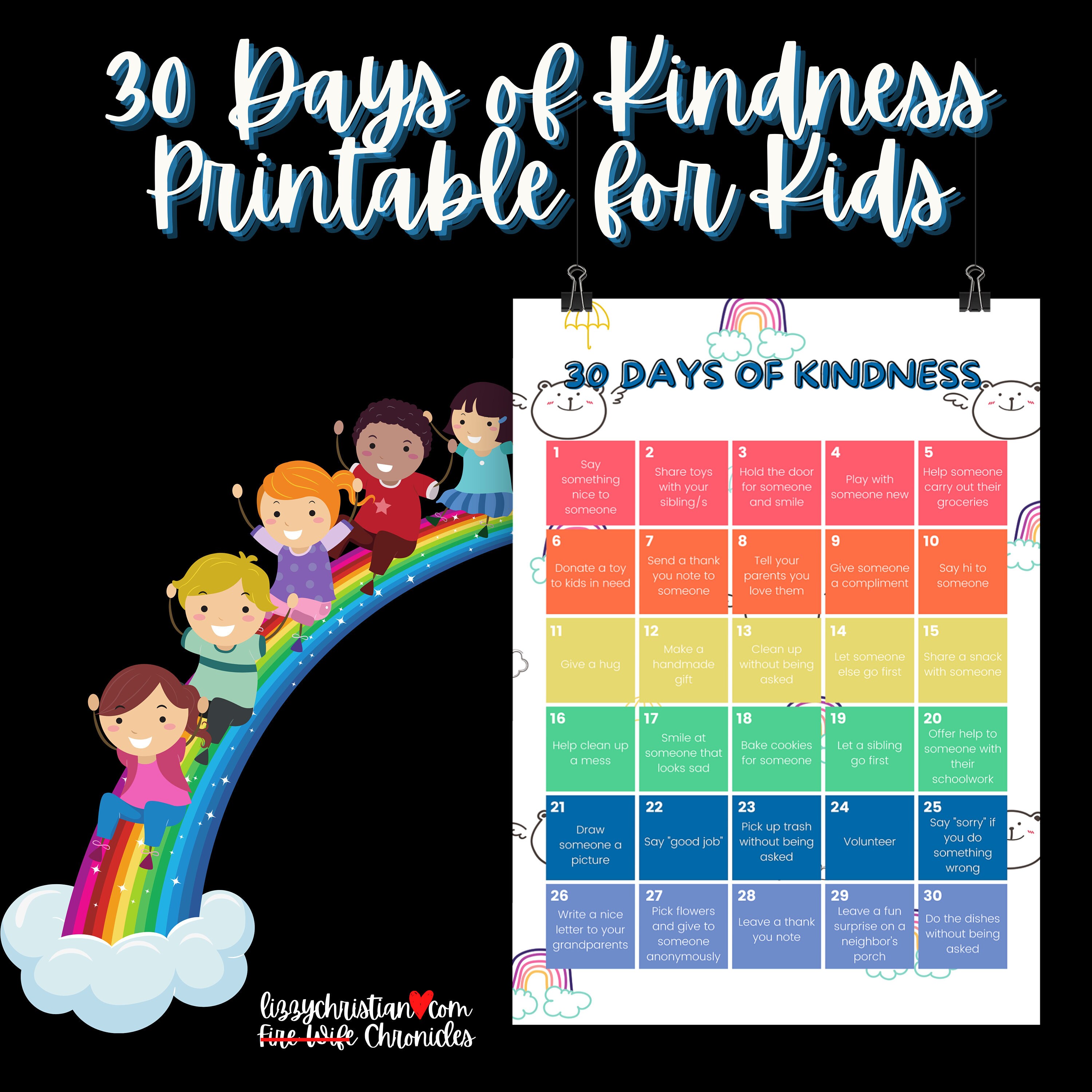 30 Days of Kindness Printable Chart for Kids | Etsy