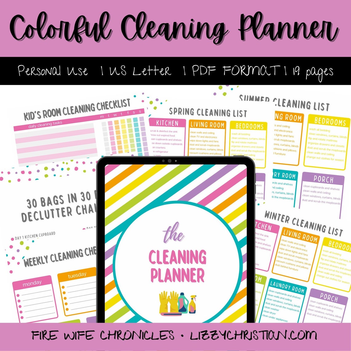 Colorful Printable Cleaning Planner & Declutter Challenge | Etsy
