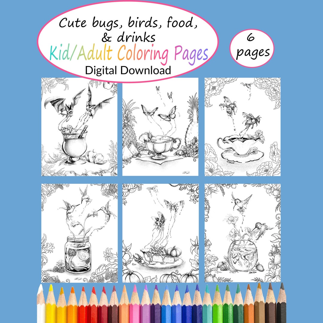 Birds, Bugs, and Food, Adult Kid Coloring Pages |digital Download ...