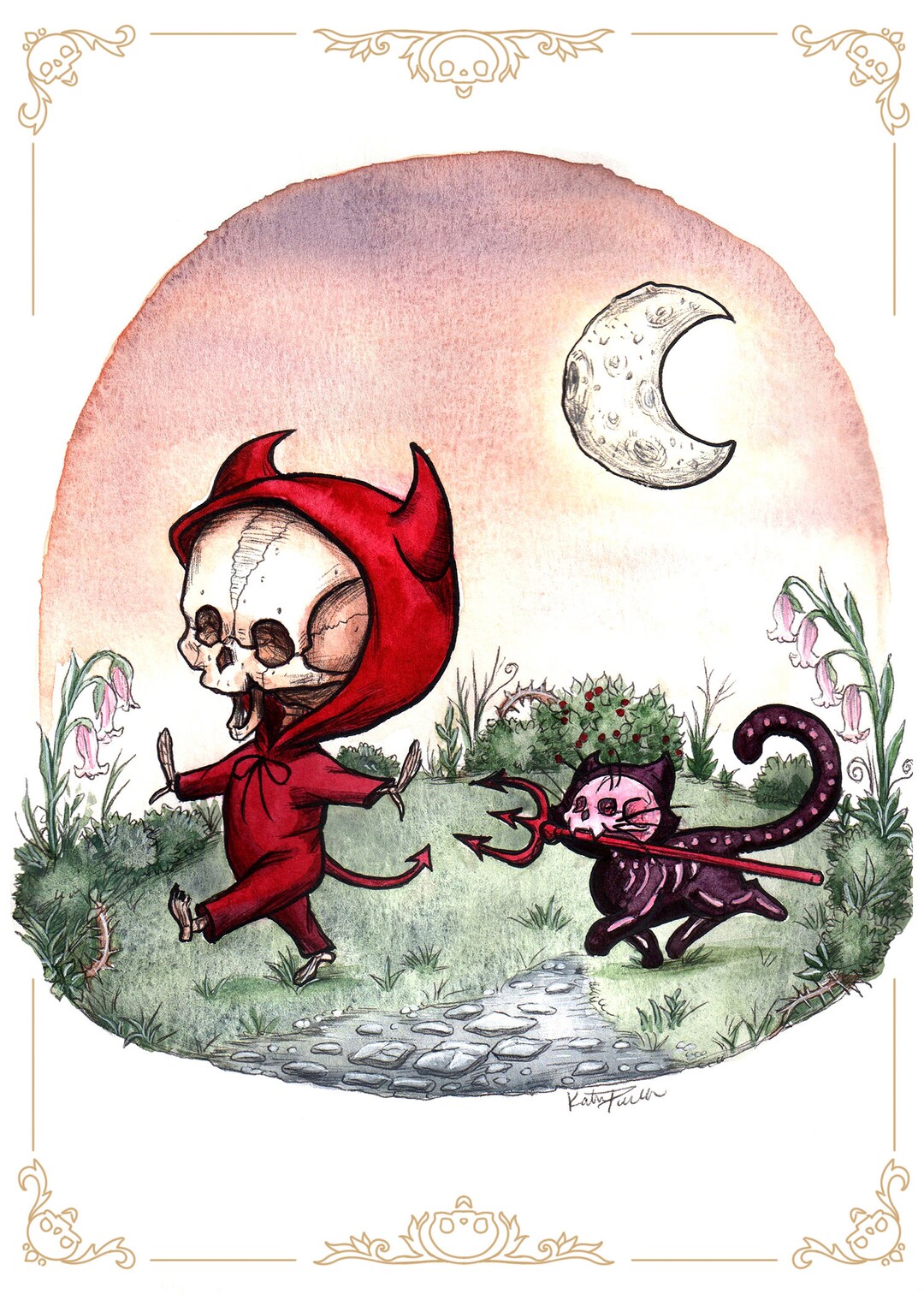 Devil Skellie With Skellie Cat| Art Print| 8.5x11 or 5x7 - Etsy