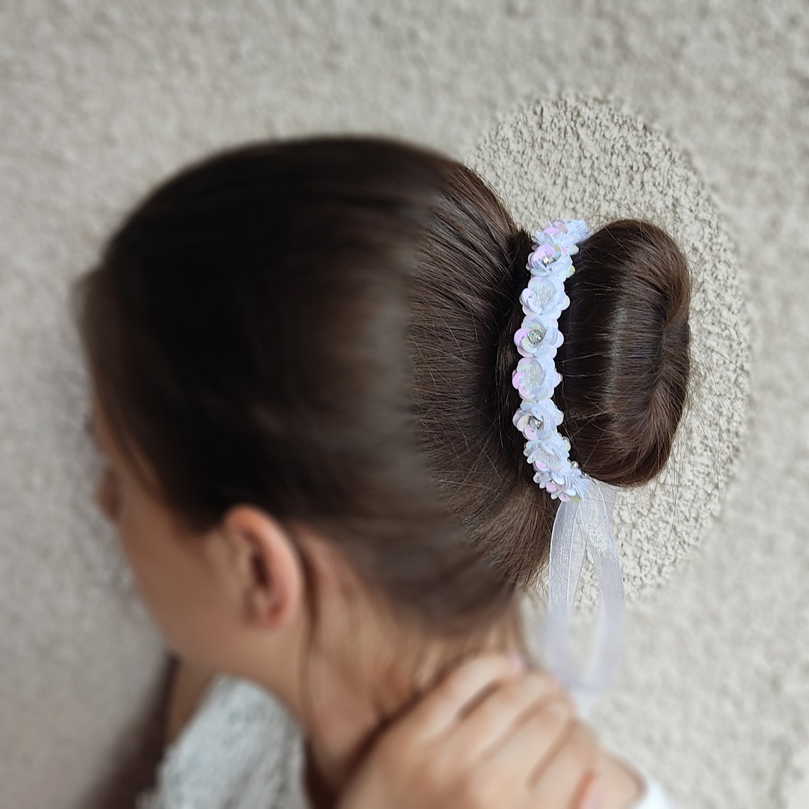 Flower Bun Wrap, First Communion Headband, Sequin Headband, Flower Girl ...