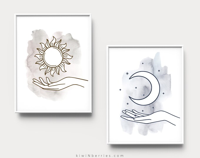Hands Holding Sun Moon Art Print Celestial Stars Wall Art Mystical ...