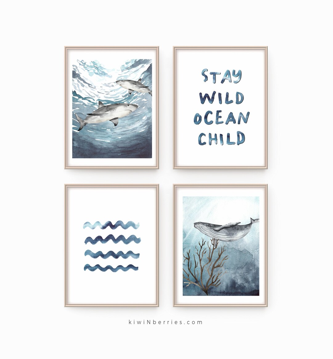 Watercolor Sea Prints, Printable Wall Art, Ocean Animals, Navy Indigo ...