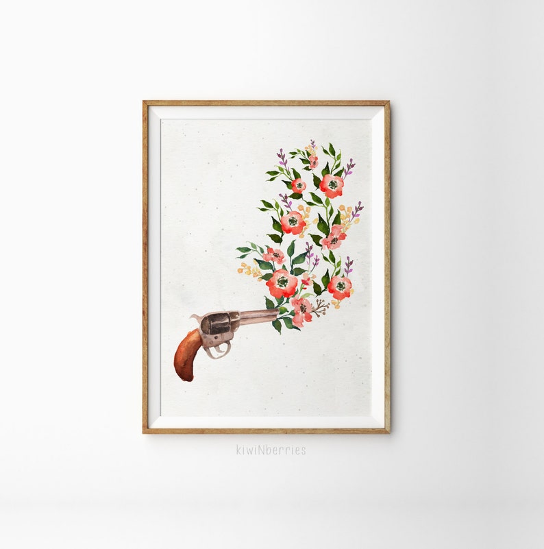 Gun With Flowers Print Floral Artwork Red Flowers - Etsy