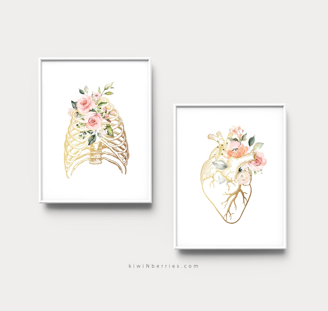 Doctors Office Decor, Medical Prints, Gold With Flowers, Anatomical Art ...