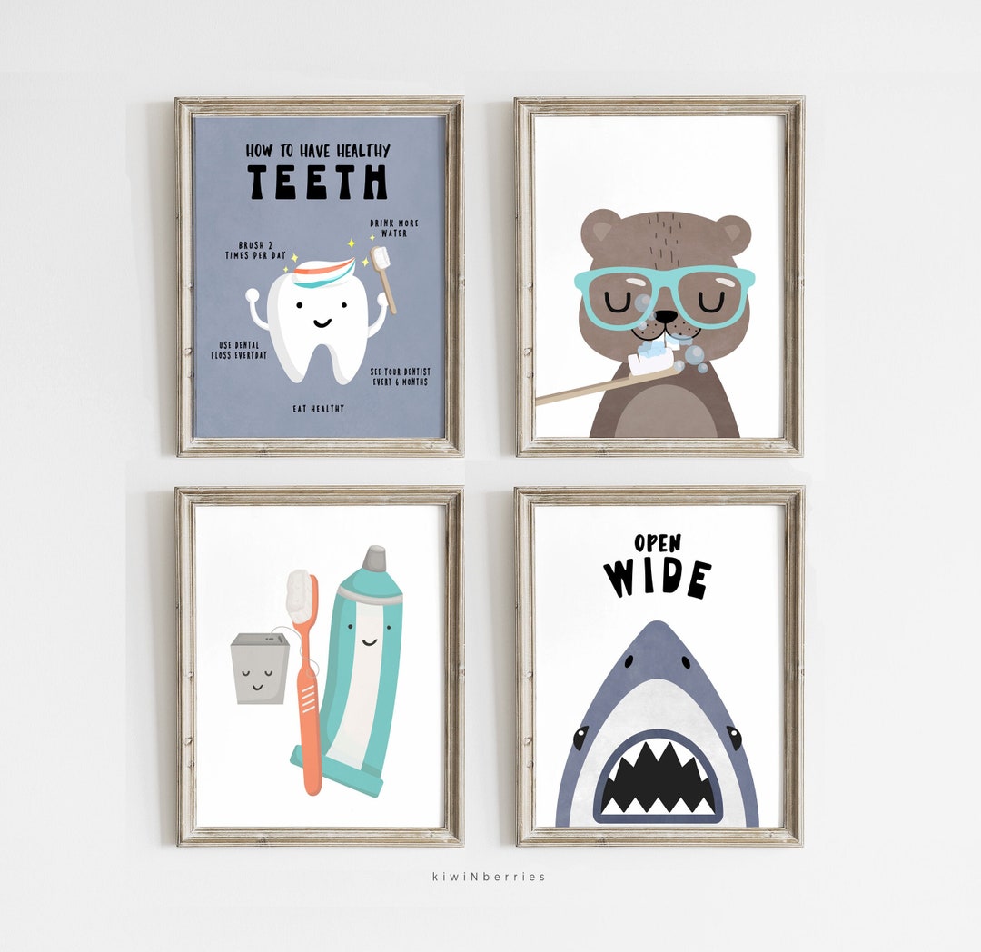 Kids Dental Art Prints: Hygiene Posters, Dentist Office Decor (set of 4 ...