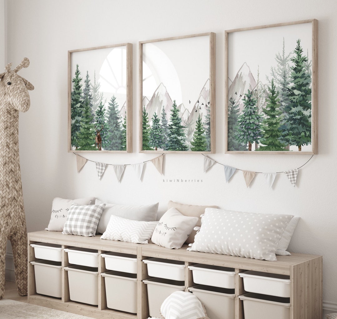 Set of 3 Forest Printable, Trees and Mountains Poster, Nursery Decor ...