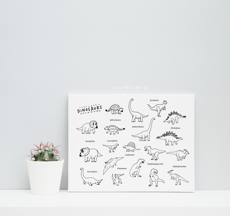 Dinosaur Chart Posters Black and White Outlines Minimalist - Etsy