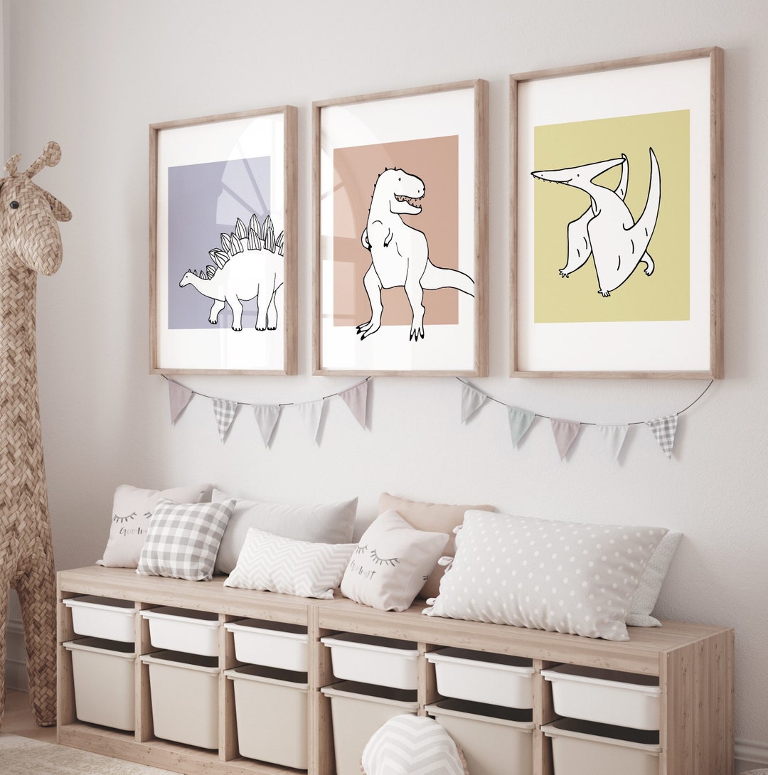 Set of 3 Colorful Dinosaurs Prints, Cartoon Dino Poster, Outline Sketch ...