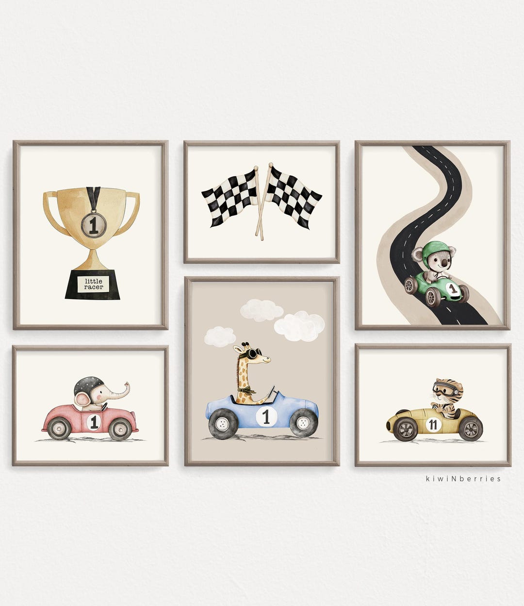 Race Car Nursery Prints: Animal Racers, Kids Wall Art (set of 6 ...