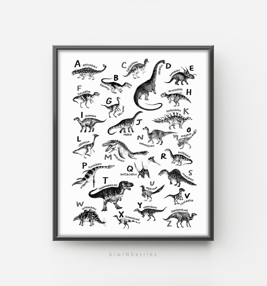 Black and White Dinosaur Poster, Alphabet Learning Print, Dinosaur ABC ...